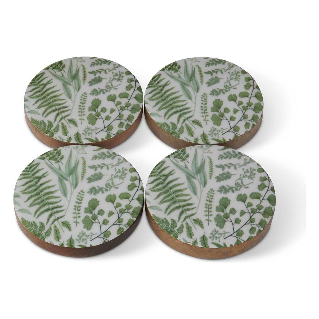 Set of 4 Fern Enameled Wood Coasters – Opal and Olive