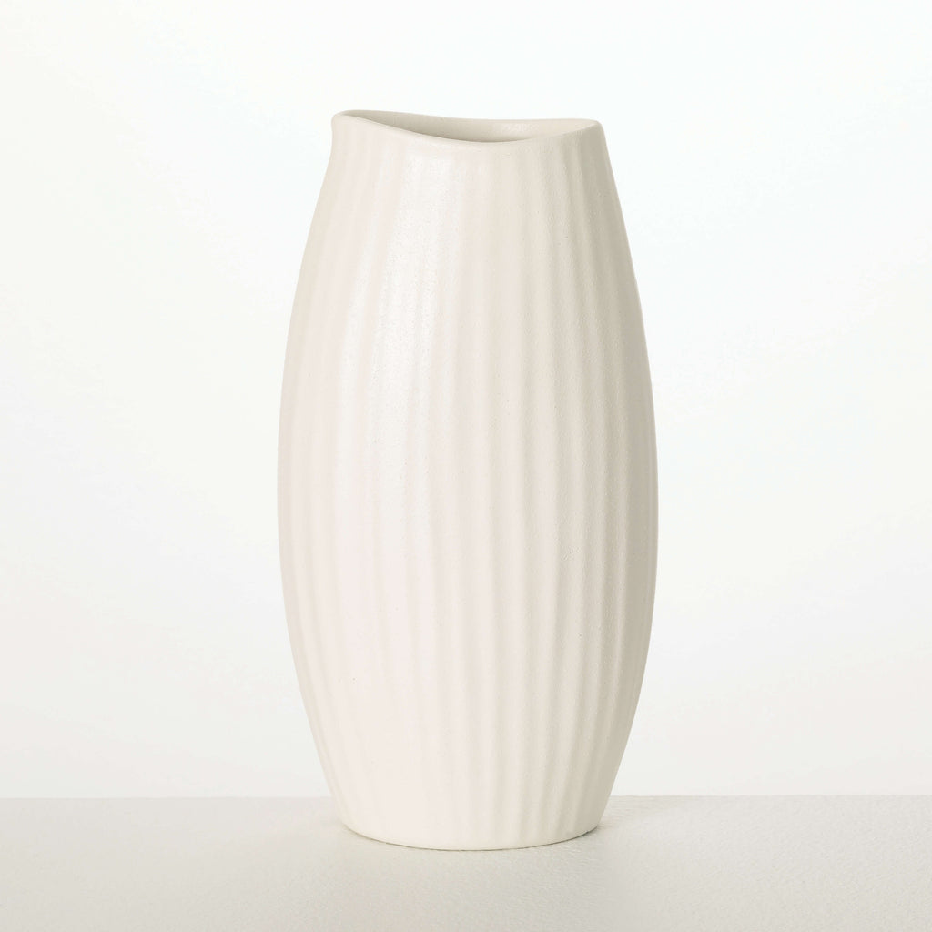 Textured White Ribbed Vase – Opal and Olive