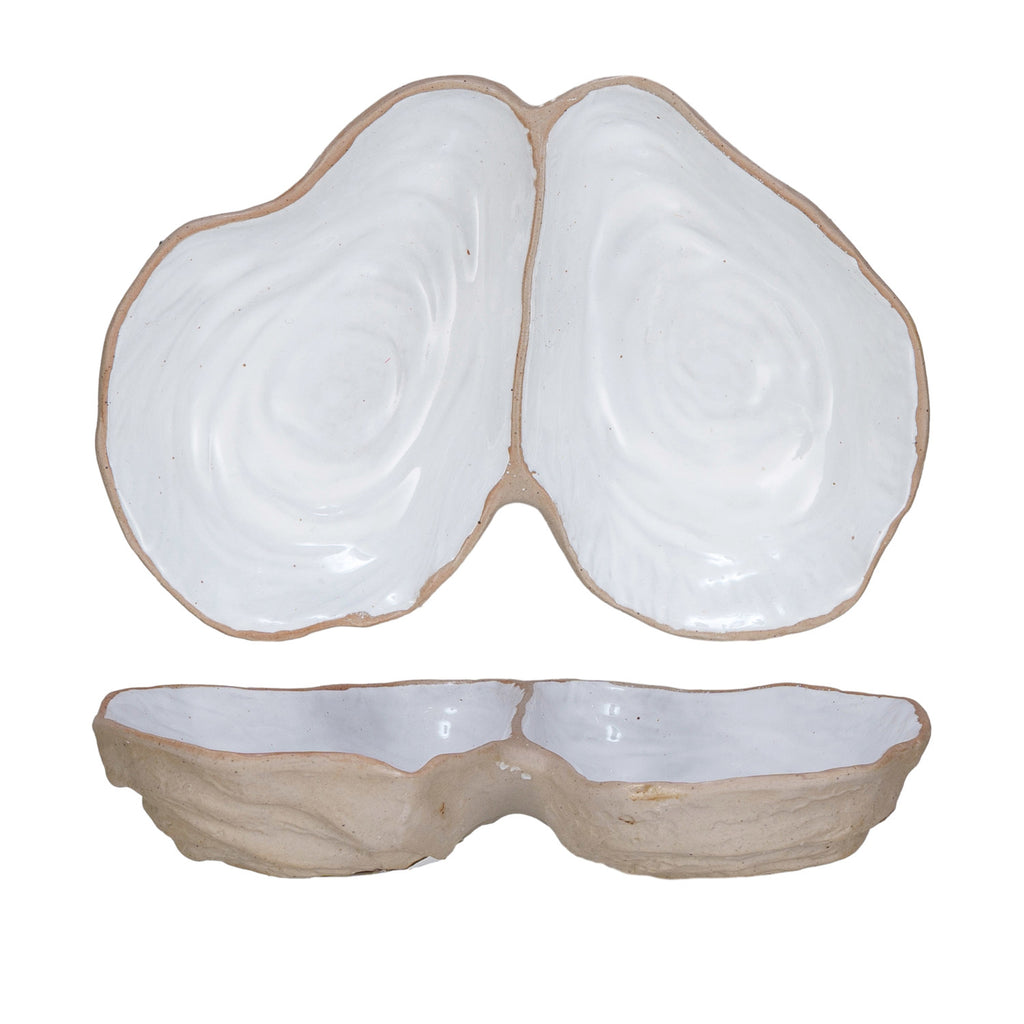 Stoneware Oyster Shell Shaped Dish w/ 2 Sections (Each One Will Vary ...