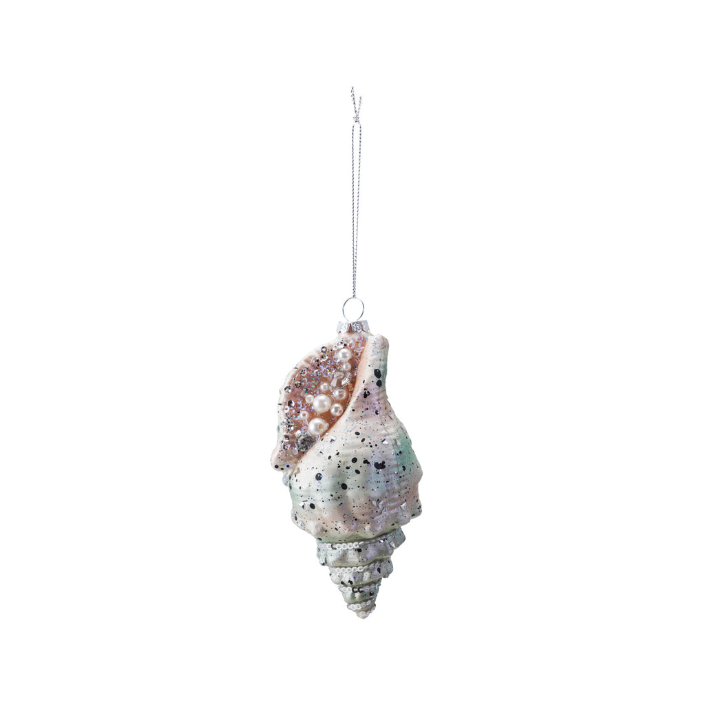 Glass Conch Shell Ornament with Glitter & Beads, Silver Finish – Opal ...